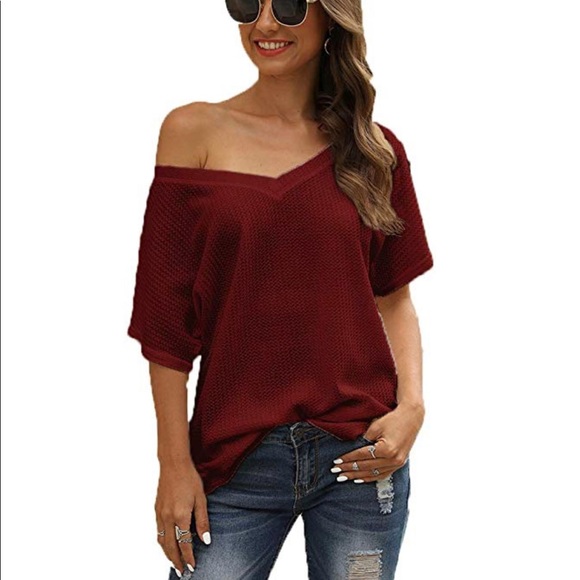 Tops | Red Waffle Short Sleeve Top | Poshmark